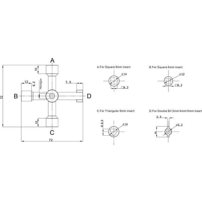 9200 Multi Key for Square 6 and 8mm, Triangular 8mm and Double Bit 3, 4 ...